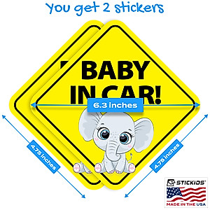 Stickios Baby in Car Stickers for Boys & Girls (2-Pack) - Paint-Safe, Removable, Non-Magnetic Baby Safety Stickers for Cars & Windows - Baby Elephant (2 Vinyl Decals)