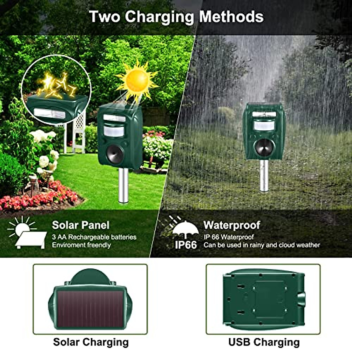 AMIATCH Solar Ultrasonic Animal Repeller, Motion Detection, LED Flashing Light, Cat Repellent Outdoor, Dog, Squirrel, Raccoon, Skunk, Rabbit, Rodent, Fox, Deer, etc.