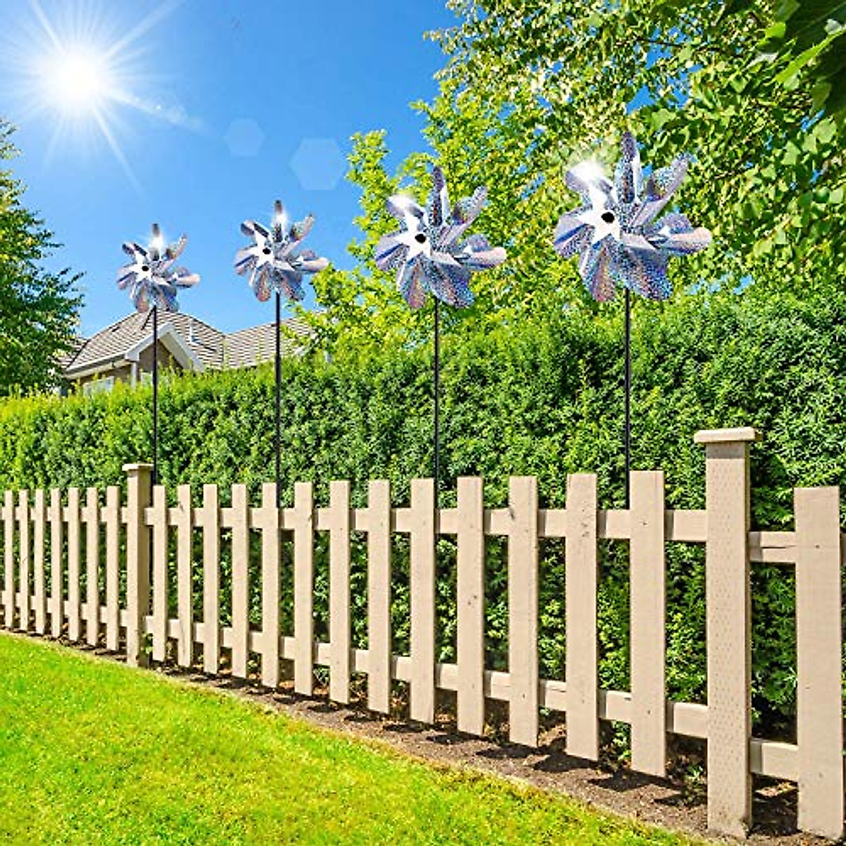 Ohuhu Reflective Pinwheels with Stakes, 10-Pack Extra Sparkly Wind Sculpture for Garden Decor Pin Wheel, Silver Wind Spinner
