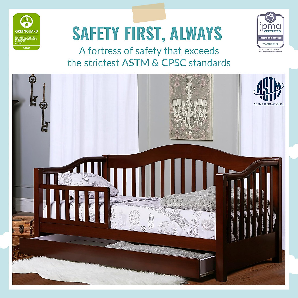 Dream On Me Toddler Day Bed with Storage Drawer in Espresso, Greenguard Gold Certified, JPMA Certified, Non-Toxic Finish, Low to Floor Design, Safety Guard Rail