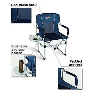 iClimb Heavy Duty Compact Camping Folding Mesh Chair with Side Table and Handle (Navy)