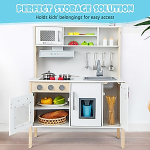 Costzon Kids Kitchen Playset, Wooden Pretend Cooking Toy Set w/Sound, Microwave, Oven, Ice Maker, Range Hood, Stoves, Sink & 18 Accessories, Play Kitchen for Toddlers, Gift for Boys Girls Ages 3+