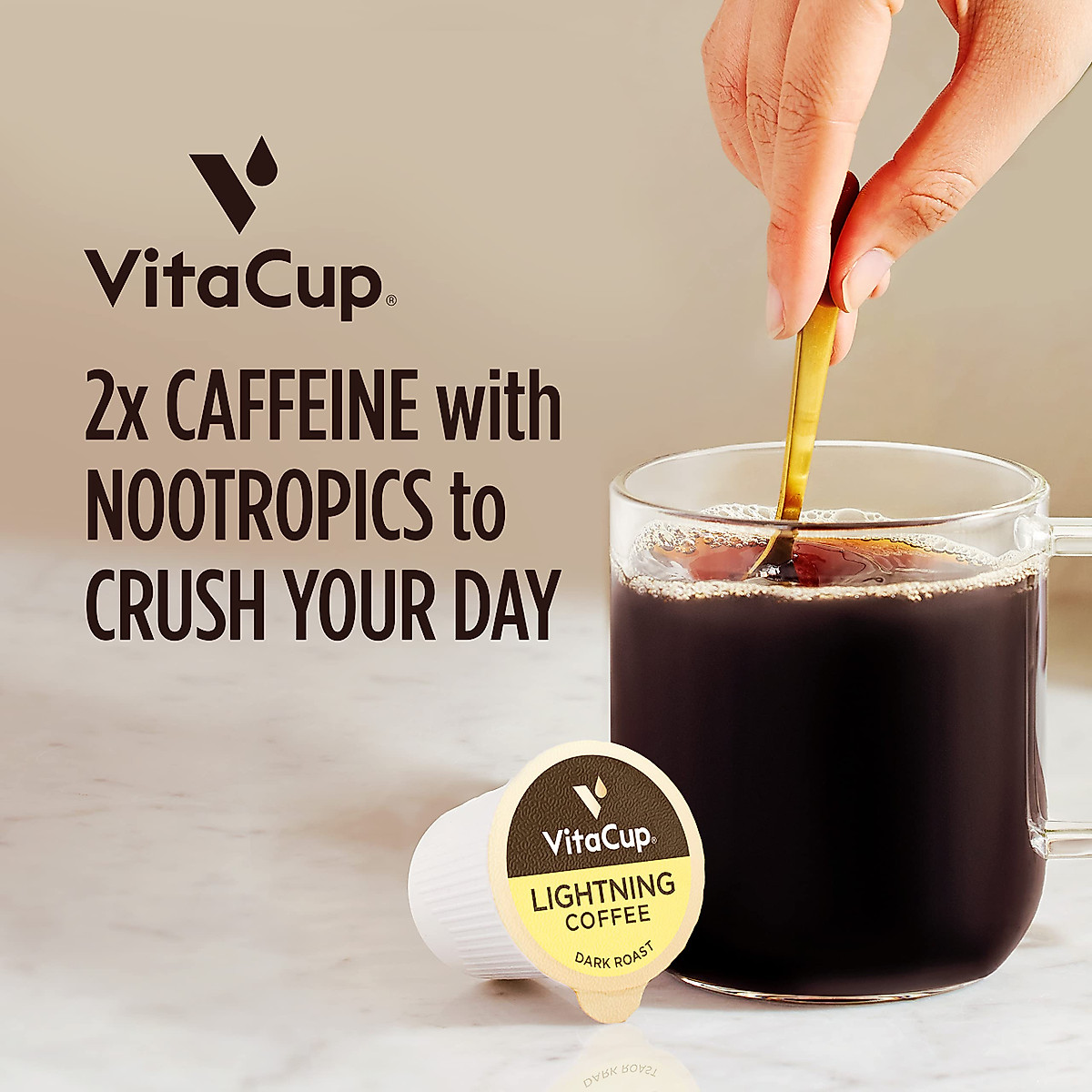 VitaCup Lightning Coffee Pods, Enhance Memory & Focus w/ 2X Caffeine, Green Coffee Bean, B Vitamins, D3, Strong Dark Roast Coffee, Recyclable Single Serve Pod Compatible w/Keurig K-Cup Brewers,32 Ct