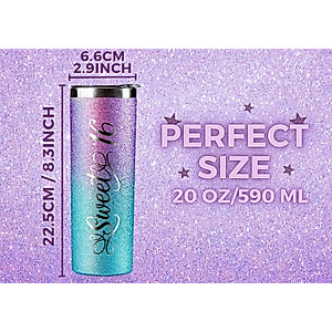 Onebttl Sweet 16 Gifts for Girls, Her, Daughter- Sweet Sixteen - 20oz/590ml Stainless Steel Insulated Glitter Tumbler with Straw, Lid, Message Card - (Purple-Blue Gradient)