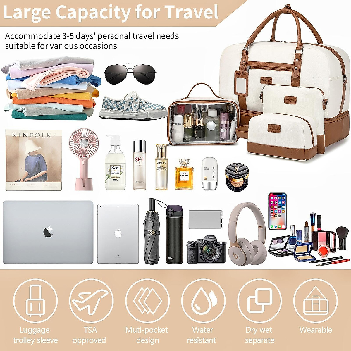 Wogarl Weekender Bags for Women Large Canvas Overnight Bag Travel Duffel Bags Carry on Shoulder Weekend Bag Tote with Shoe Compartment for Travel Night Flight Daily Use (Beige)