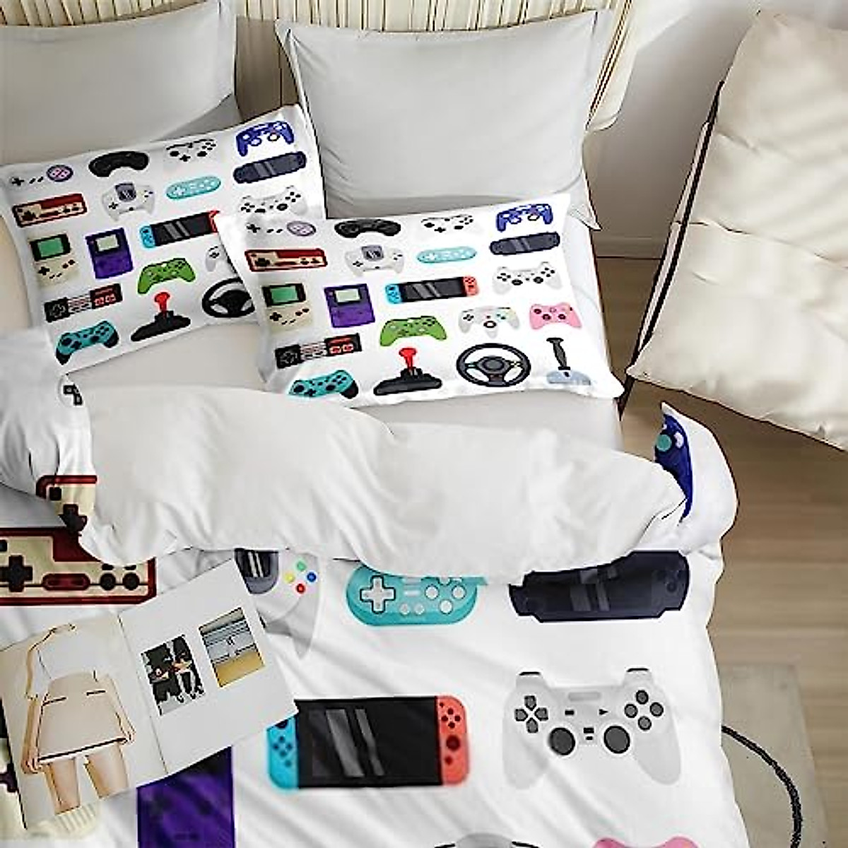 Duvet Cover Twin Size, Game Gaming Retro Wireless Bedding Set with Zipper Closure for Kids and Adults, Wheel Gamepad Steering Comforter Cover with Pillow Sham for Bedroom Bed Decor