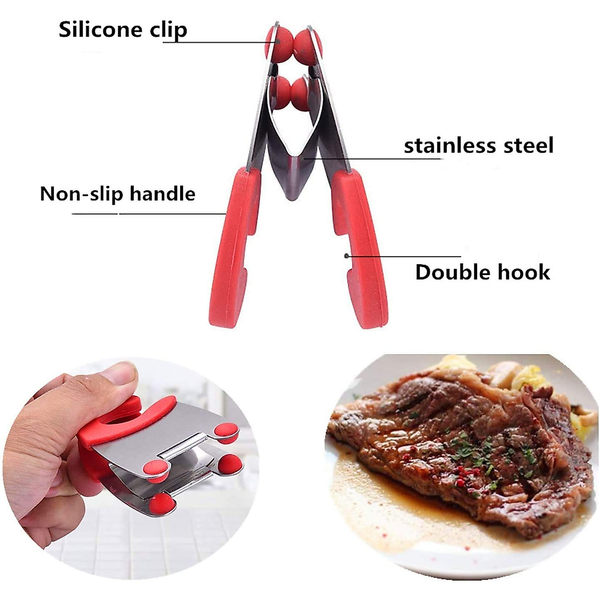 Hovico Stainless Steel Pot Spoon Holder, Anti-Scald Silicone Grip Pot Clip Holder for Spoon(Red & black)