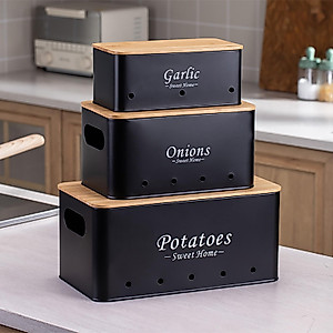 Simcat Kitchen Vegetable Storage Tins Set of 3, Potato Onion Garlic Kitchen Storage Canisters, Vegetable bin Keeper Containers with Aerating Holes and Wooden Lid (Black)