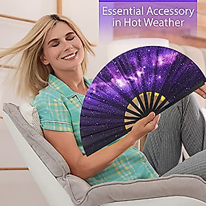 2 Pcs Galaxy Satin Rave Folding Hand Fan Chinese Japanese Large Handheld Fan Plastic Ribs Decorative Folding Fans with Fabric Case for Women Men Gifts, Dance Festival Party Performance Decorations