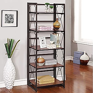 VECELO Bookshelf, 5 Shelf Folding Bookcase No Assembly, Industrial Metal Standing Shelves Organizer for Living Room, Bedroom and Office, Teakwood Brown