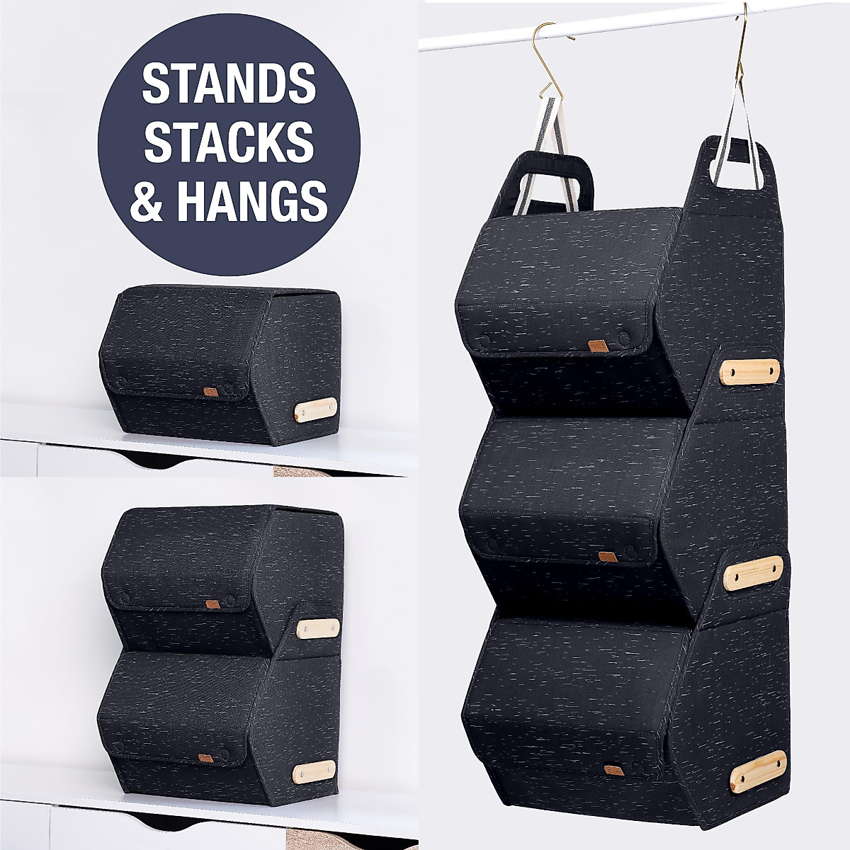 CleverMade Modular Storage System LUXE - Self-Standing, Stacking, and Hanging Storage Organizer for Home Organization and Storage – 3-Tier Hanging Closet Organizer - Made From Recycled Materials