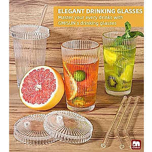 GMISUN Iced Coffee Cups with Lids, Glass Cups with Lids and Straws, Ribbed Glassware, Drinking Glasses Set of 4, Vintage Glassware Cocktail Glasses 14oz for Cocktail, Gift