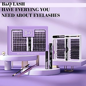 B&Q Lash Extension Kit 192 PCS Eyelash Extension Kit D Curl Lash Clusters Kit Wispy Individual Lash Kit DIY Lash Extension Kit with Lash Glue and Remover Applications (B05+B06, Kit)