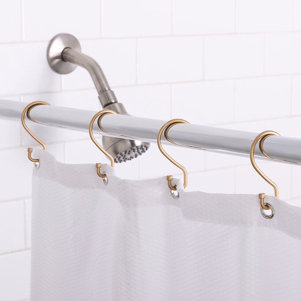 Bath Bliss 12 Pack S-Hook Shower Curtain Rings | Bathroom | Metal S Shaped Hooks | Easy Glide | Easy to Install | Hang Mugs, Pans, Towels | Satin Gold