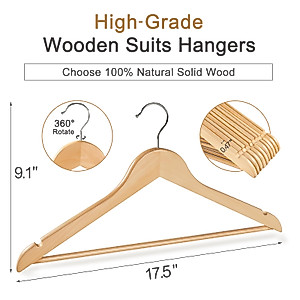 TOPIA HANGER Wooden Hangers 30 Pack, Natural Wood Clothes Hangers, Durable Coat Hanger with 360-Degree Rotatable Hook, Non-Slip Pants Bar and Shoulder Notches for Camisole Tops-CT34N30