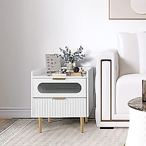 AILEEKISS Nightstand with Wireless Charging Function Modern Night Stands with Tempered Glass Drawer Wooden Nightstands for Bedroom (White)