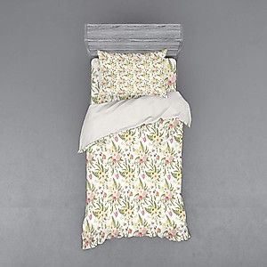 Ambesonne English Garden Duvet Cover Set, Repetitive Floral Pattern with Vintage Different Flowers Bouquet, 3 Piece Bedding Set with Sham and Fitted Sheet, Twin Size, Multicolor