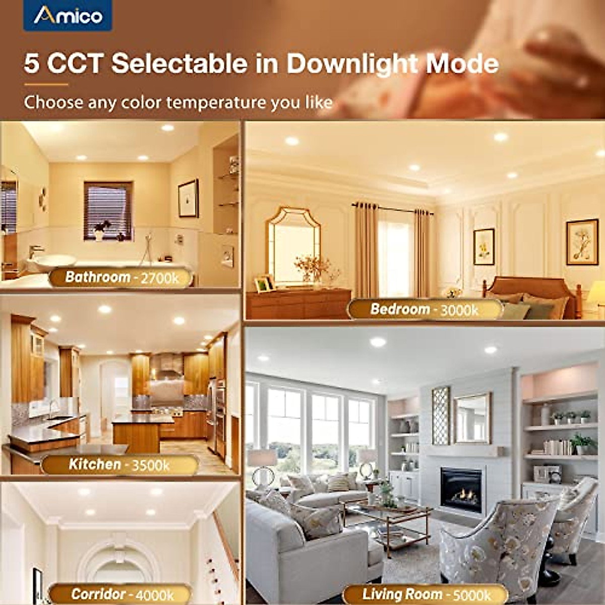 Amico 16 Pack 4 Inch 5CCT LED Recessed Ceiling Light with Night Light, 2700K/3000K/3500K/4000K/5000K Selectable Ultra-Thin Recessed Lighting, 10W=90W, 700LM, Dimmable Canless Wafer Downlight - ETL&FCC