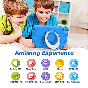 Kids Tablet, 10 Inch Tablet for Kids 7GB(4+3 Expand) RAM+64GB/1TB ROM Android 13 Tablet for Toddler with Case, WiFi, Bluetooth, Dual Camera, Parental Control, Google Play Store Pre Installed (Blue)