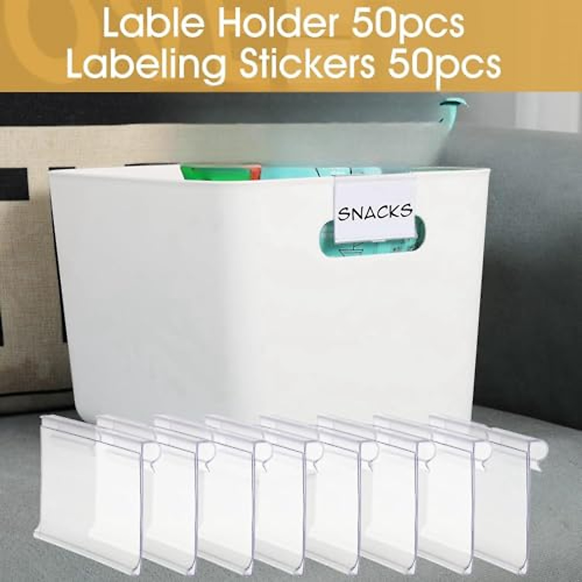 50pcs Labels for Storage Bins Plastic Label Clip, Basket Labels Clip On Wire Shelf Price Label Holder Merchandise Sign Display Holder, 50pcs Label Insert Included (2.36IN*1.57IN)