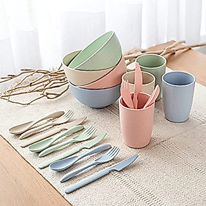 FOODLE Wheat Straw Dinnerware Sets for 4 - Lightweight & Unbreakable Dishes - Microwave & Dishwasher Safe - Perfect for Camping, Picnic, RV, Dorm - Plates, Cups and Bowls - Great for Kids & Adults
