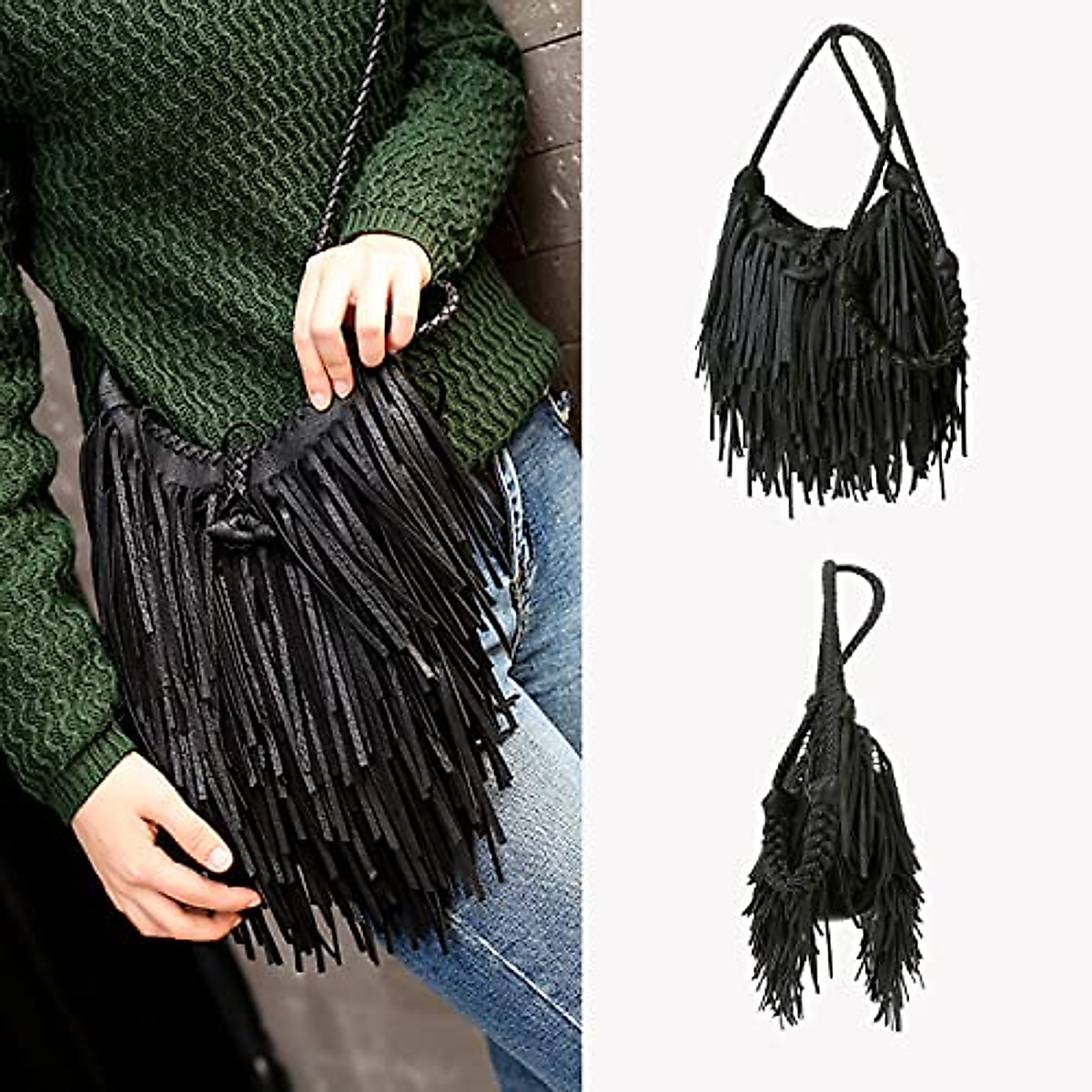 Vintage & Stylish Women Tassel Shoulder Bag PU Leather Bohemian Fringed Crossbody Shoulder Hobo Fringe bag (Black)