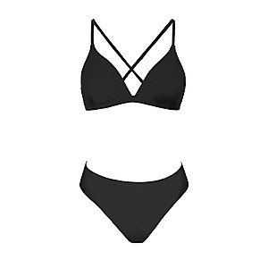 CUPSHE Bikini Set for Women Two Piece Swimsuits V Neck Low Rise Crisscross Back Self Tie Spaghetti Straps,M Black
