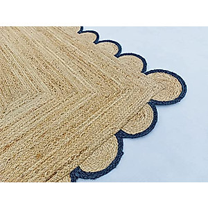 Jute Area Rug for Home and Living Room Décor Rectangular Scalloped Vintage Jute Area Rug Carpet Navy 2' x 3' by Varsha Textile