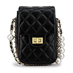 Anna&Yoyo Crossbody Phone Purse, Small Cell Phone Crossbody Bag, Leather Shoulder Bag Quilted Purse with Pearls Chain for Women Girls