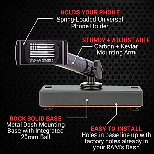 Bulletpoint Dash Mount Cell Phone Holder RAM Truck Compatible (2019+ 1500, 2500, 3500 and TRX) with 20mm Ball Mount - Compatible with iPhone and Android Smartphones (Single Ball with Phone Holder)