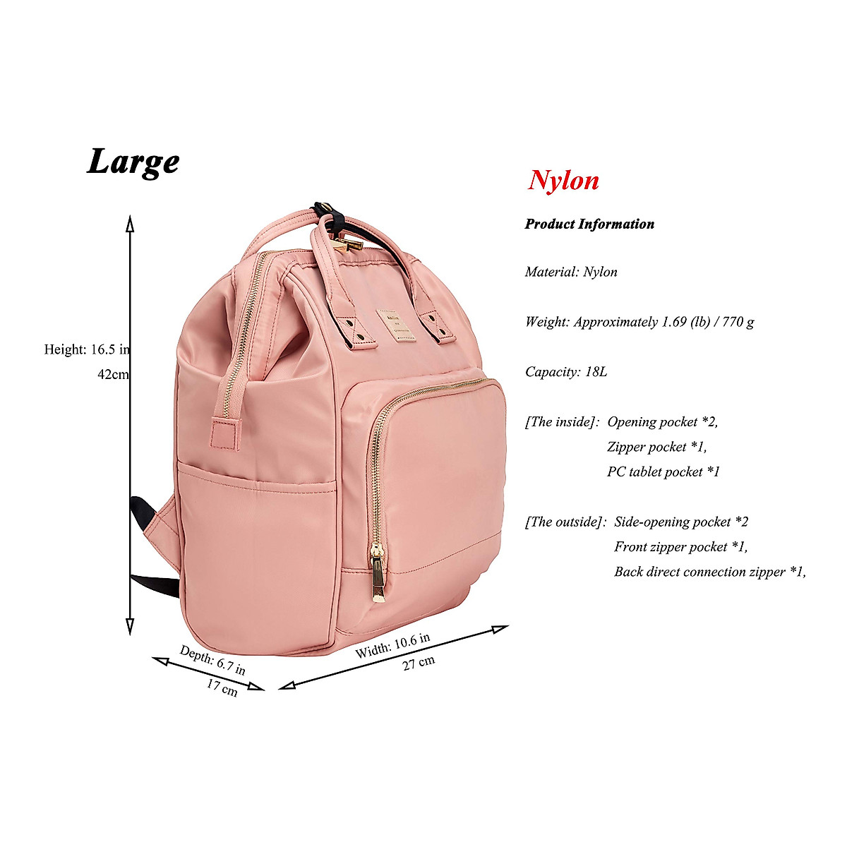 Kah&Kee Nylon Backpack Diaper Bag with Laptop Compartment Waterproof Work Travel School for Women Man (Black)