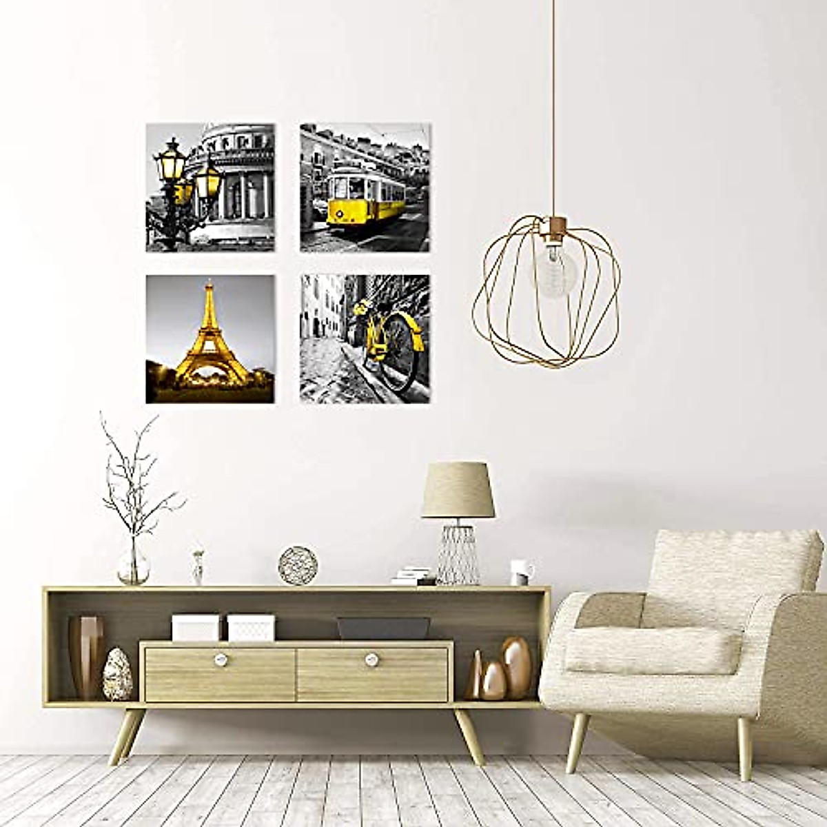 YMYXMC33 Decor Bedroom Paris Eiffel Tower Canvas Print Black and White Wall Art London Landmark Building Yellow Lighting Old Tram Yellow Rose Bicycle Picture Decoration Living Room 12"x12"x4