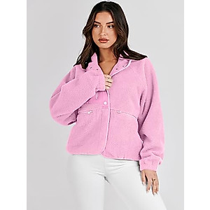 ANRABESS Womens Fuzzy Fleece Jacket Fall Casual Long Sleeve Cropped Sherpa Button Down Shacket Coats Outwear With Pockets Pink Large