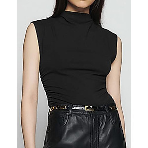 Lauweion Women Sleeveless Turtlenecks Crop Tops Ruched Slim Fit Solid Basic Casual Mock Neck Crop Tank Top Black