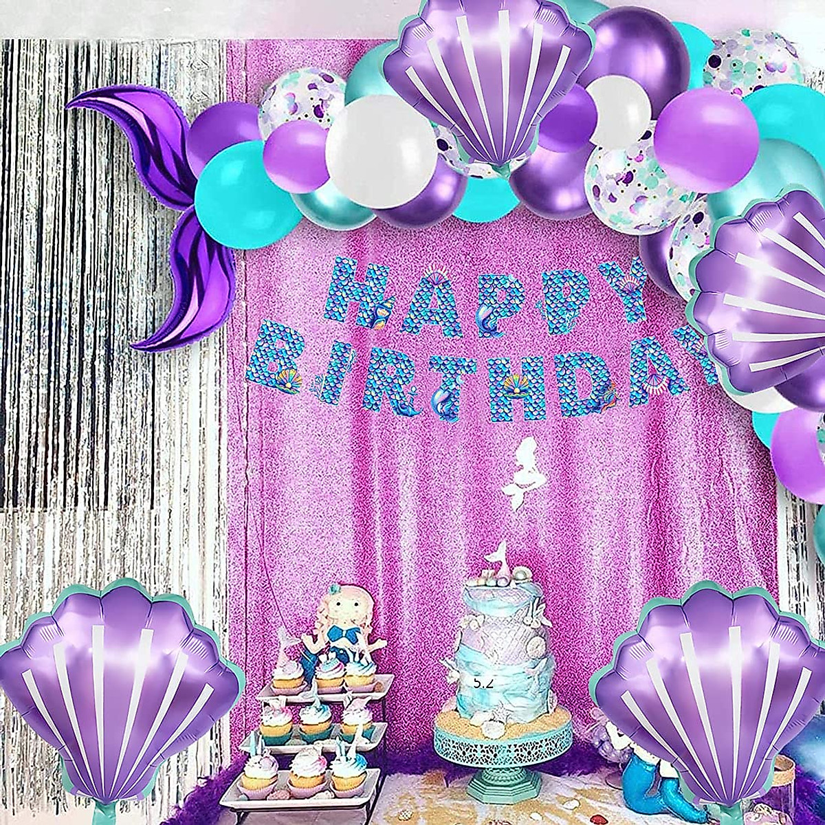 8 Pcs Mermaid Tail Balloons and Seashell Balloons 25.5 inch Large Purple Mermaid Tail Foil Balloons for Wedding Summer Beach Mermaid Sea Themed Birthday Party Decorations Supplies