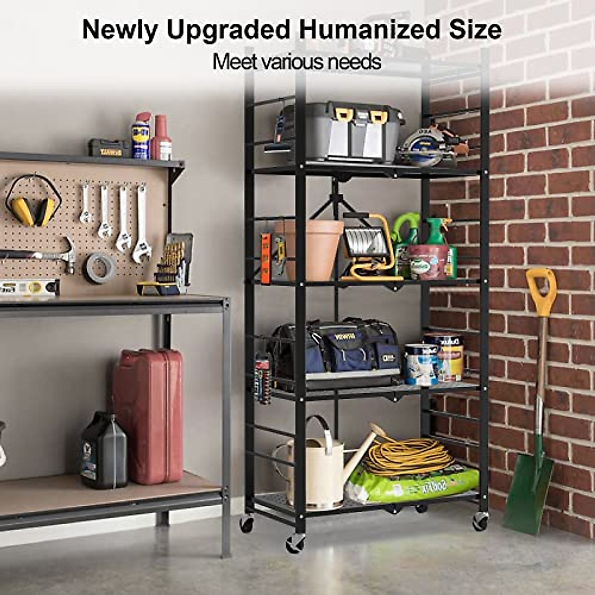 Himix Storage Shelves with 20 Hooks, 5-Tier Collapsible Organization Storage Rack Bookshelf Folding Pantry Shelves Cube Shelf Wire Shelving Holds 440 Ibs for Garage Kitchen Room
