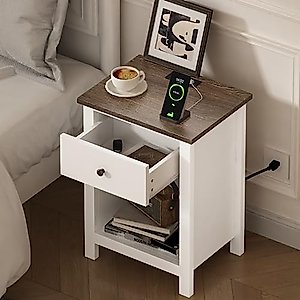 ChooChoo Nightstand with Charging Station, Wooden Top Bedside Table with Drawer and Storage Space for Bedroom, White