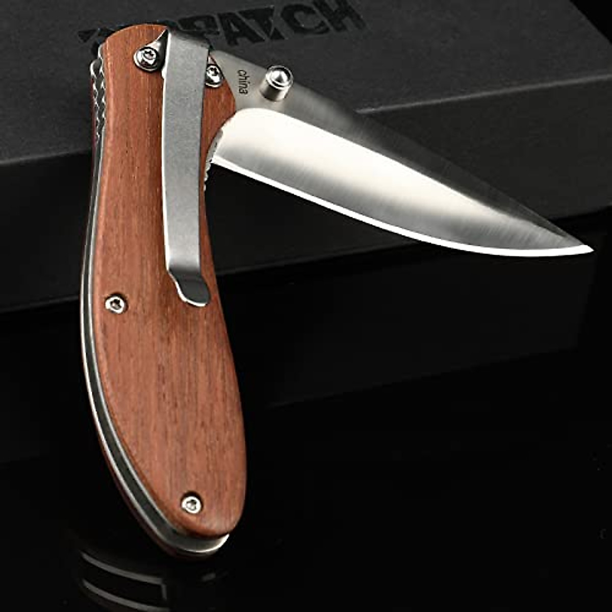 Dispatch Folding Pocket Knife, Pocket Clip and Liner Lock, with Wooden Handle and 3Cr13 Sanding Blade for Outdoor, Tactical, Survival, and EDC