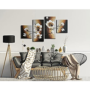 100% Hand-painted Wood Framed Abstract Floral Oil Painting on Canvas Warm Day Yellow Flowers Bloom Ready to Hang for Living Room Bedroom Home Decorations 4pcs/set