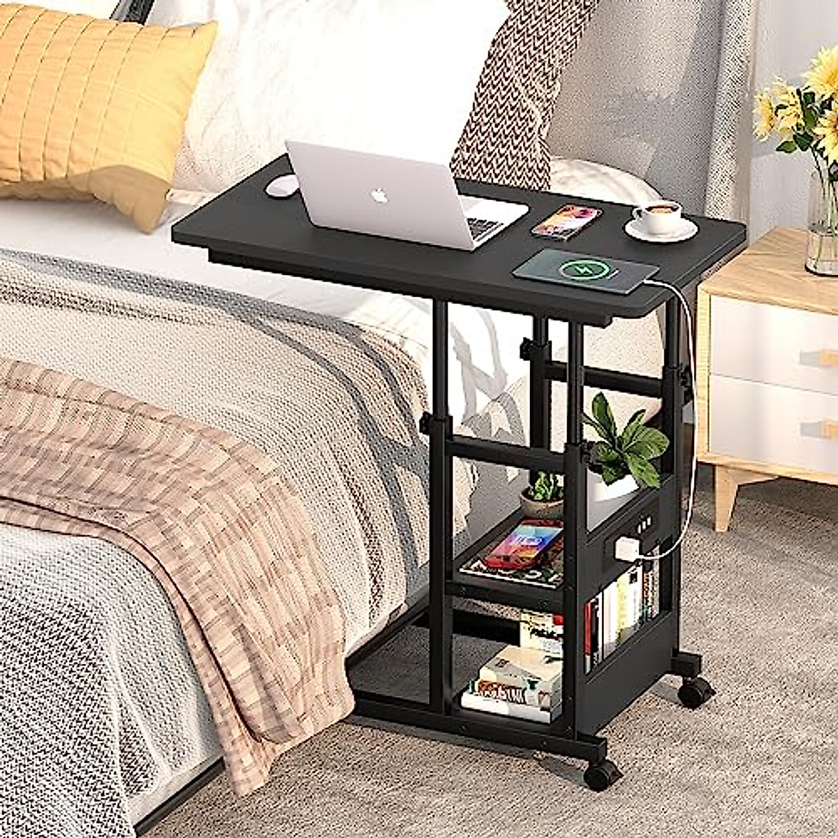 Height Adjustable C Shaped End Table with Charging Station, Mobile Laptop Side Table with USB Port and Wheels, Sofa Couch Table with 2-Tier Storage Shelve for Living Room Bedroom, Black