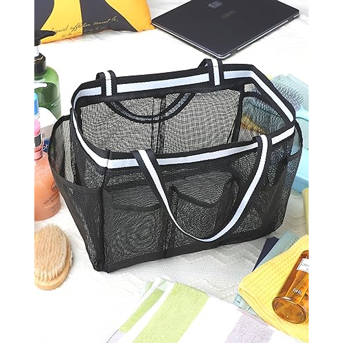 fiezkaa Mesh Shower Caddy Portable Shower Bag for College Dorm Camping Travel Gym(Black)