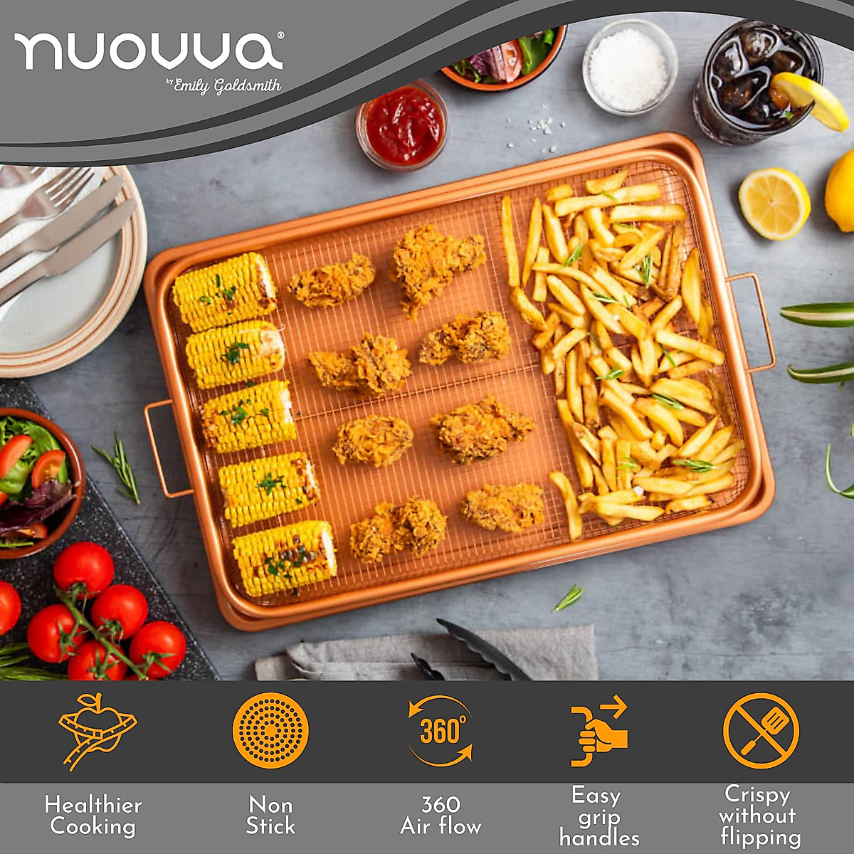 Copper Crisper Tray Non-Stick Oven Baking Tray with Elevated Mesh Crisping Grill Basket 2 Piece Set Extra Large 13"X19" – by Nuovva