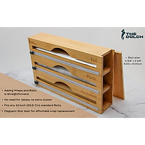 The Dolch 3 in 1 Wrap Dispenser with Cutter - Plastic Wrap Aluminum Foil and Wax Paper Organizer for Kitchen Drawer or Wall - Handy Bamboo Box for Storage - Holder Organizes Rolls -12" Roll Compatible