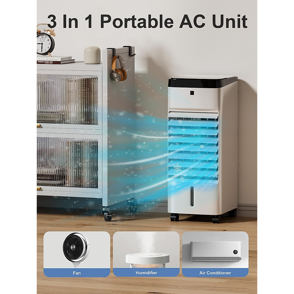Uthfy Evaporative Air Cooler, 3 In 1 Swamp Cooler with 6 Ice Packs, Remote, 12H Timer, Portable Evaporative Cooler with 70° Oscillation, 3 Speeds, 3 Modes, Cooling Fan for Bedroom, Living Room, Office