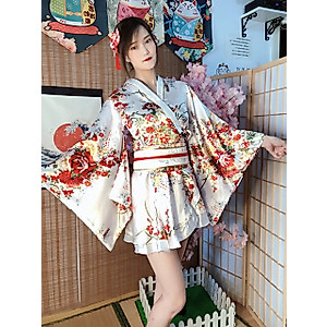 Japanese Anime Women's Dance Kimono Robe Fancy Dress Yukata Silk Folding Fans Tabi Hairstick Socks Set White Large
