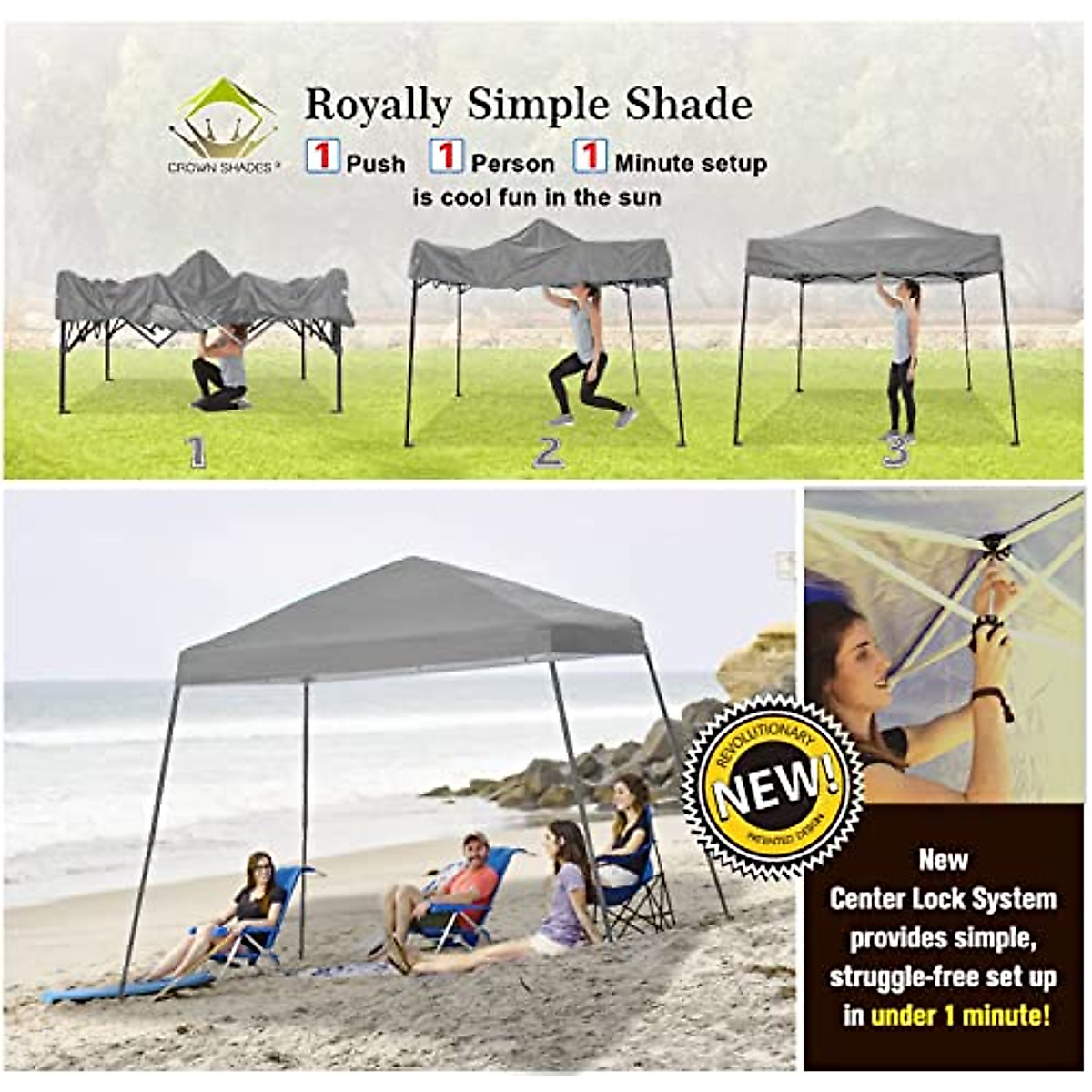 CROWN SHADES Patented 10ft x 10ft Base and 8ft x 8ft Top Slant Leg Outdoor Pop up Portable Shade Instant Folding Canopy with Carry Bag,Grey