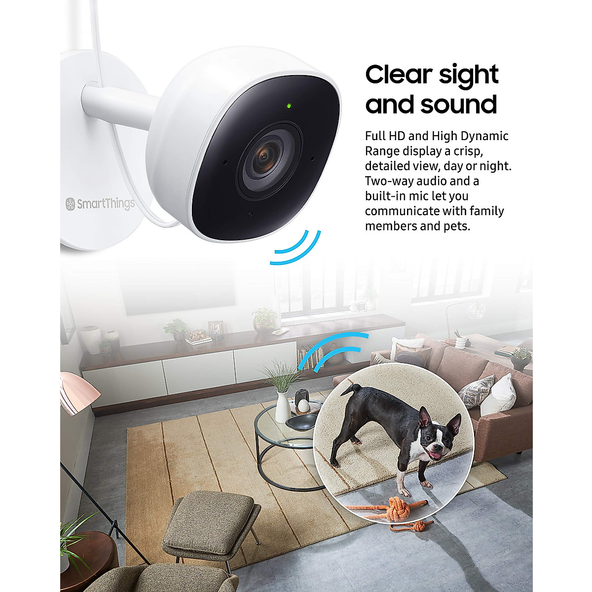 Samsung SmartThings Indoor Security Camera (GP-U999COVLBDA), 1080P HD Video with HDR, Night Vision, Advanced Motion Detection, and Two-Way Audio – Black/White