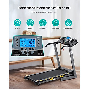 Treadmill with 12% Auto Incline Folding Home Treadmill Supports Max 8.5 MPH Speed Running Machine with 15 Preset Programs Handrail Control Tracking Pulse for Home Use MAX.Capacity 220lbs