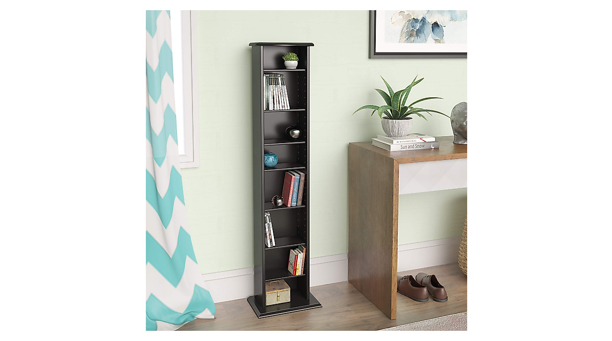 Slim Black Multimedia Storage Tower - Adjustable & Versatile