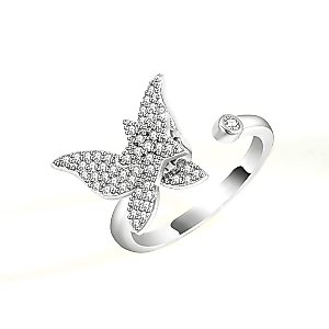 KEENL Anti Anxiety Ring for Women, Rotatable Bead Rings, Adjustable Open Finger Ring for Women Girls Stress Relief (White Butterfly)